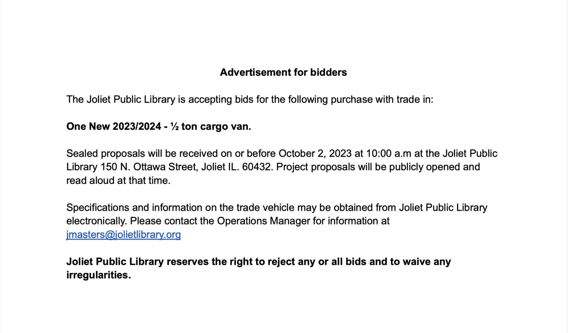 Bids & RFPs – Joliet Public Library