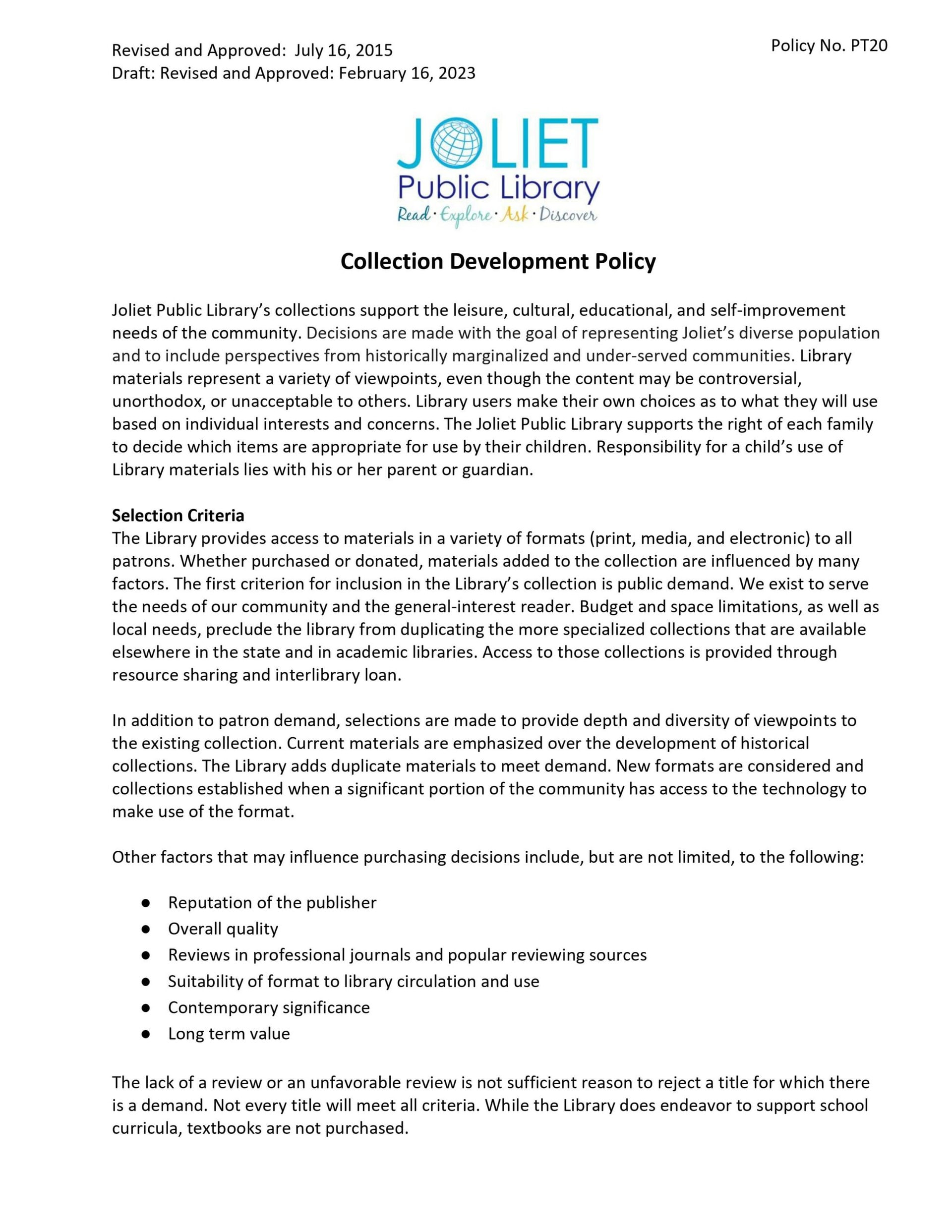 Policies – Joliet Public Library